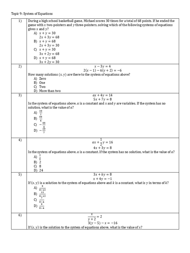 Topic 9 System of Equations College Panda Practice Paper Questions ...