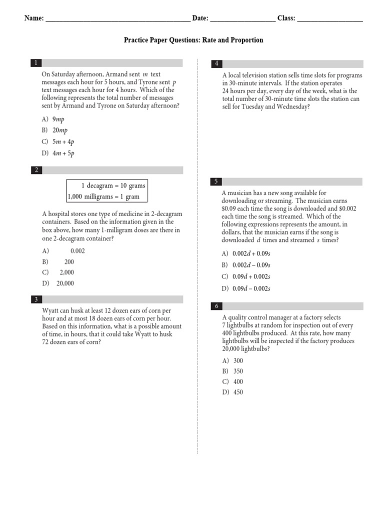 Rate and Proportion Practice Problems | PDF | Pound (Mass) | Density