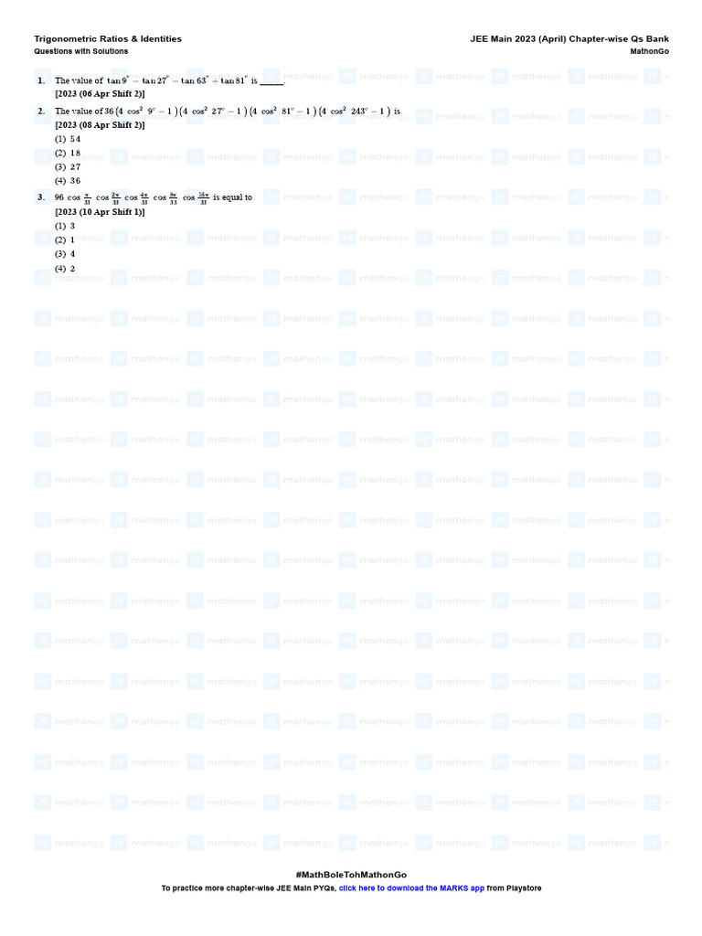 Trigonometric Ratios & Identities - JEE Main 2023 April Chapterwise PYQ ...