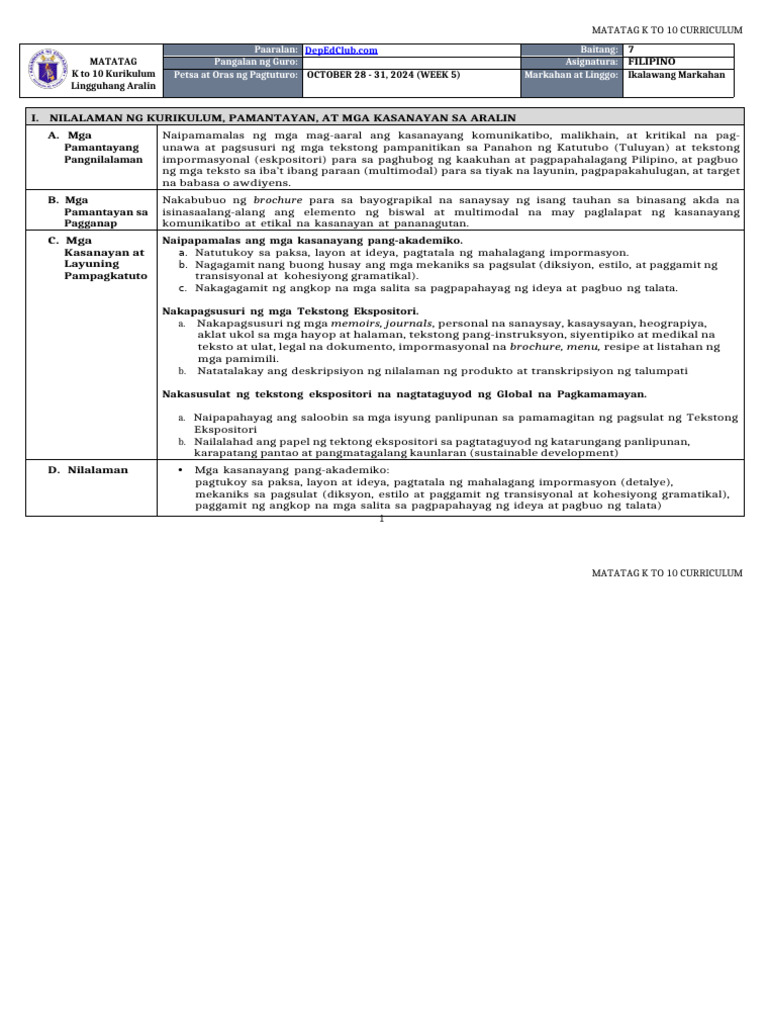 DLL Matatag - Filipino 7 Q2 W5 | PDF