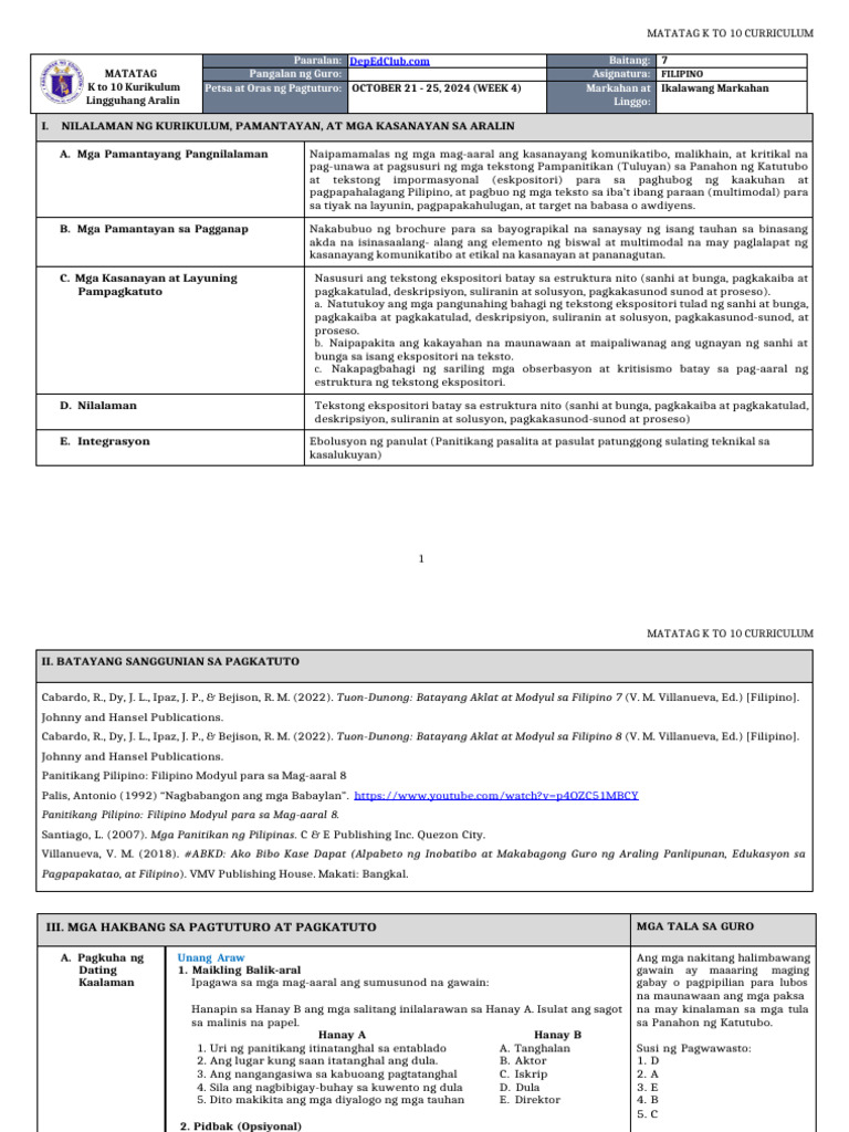 DLL Matatag - Filipino 7 Q2 W4 | PDF