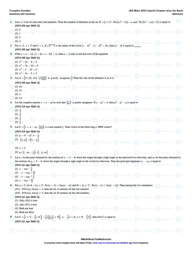 Complex Number - JEE Main 2023 April Chapterwise PYQ | PDF | Complex ...