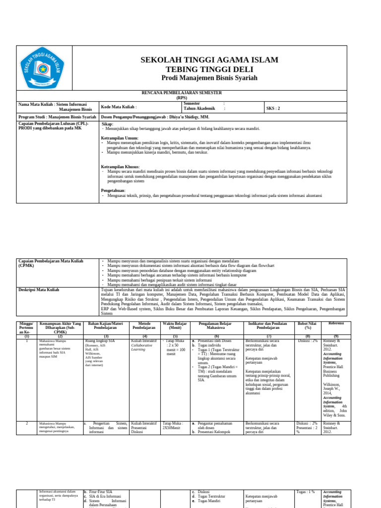 RPS SISTEM INFORMASI MANAJEMEN STAI TTD 2024 SMT V MBS | PDF