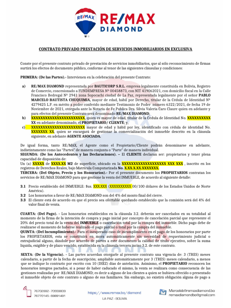 Contrato Venta Con Exclusividad Remax Revision | PDF | Propiedad | Documento de identidad