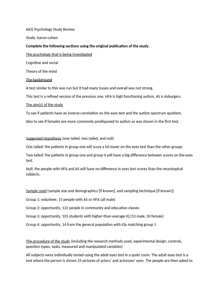 AICE Psychology Study on Autism and Emotion Recognition | PDF ...