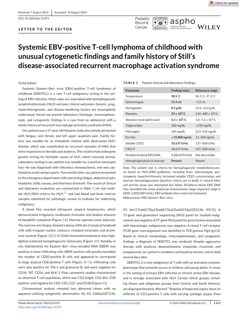 Pediatric Blood Cancer - 2024 - Jimenez - Systemic EBV%E2%80%90positive ...