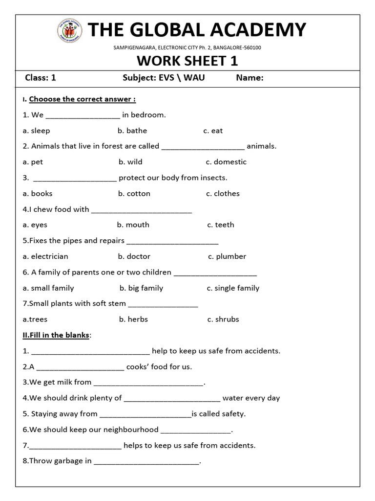 Worsheet - Evs Grade 1 Sa1 | PDF