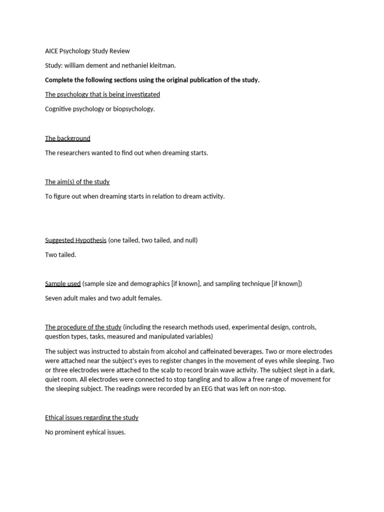 Notes On Dement and Kleitman Study | PDF | Sleep | Dream