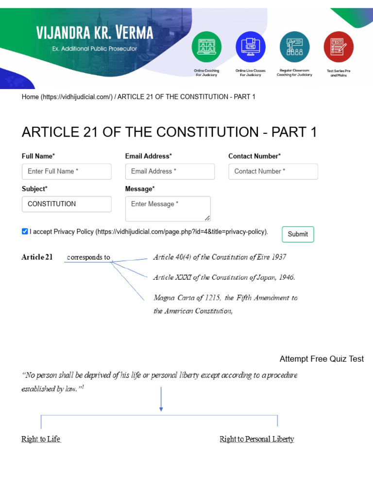 ARTICLE 21 OF THE CONSTITUTION - PART 1 _ Vidhi Judicial Academy | PDF ...
