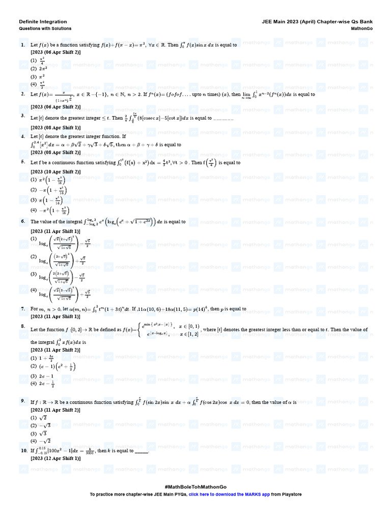 JEE Main 2023 Definite Integration Solutions | PDF | Elementary ...