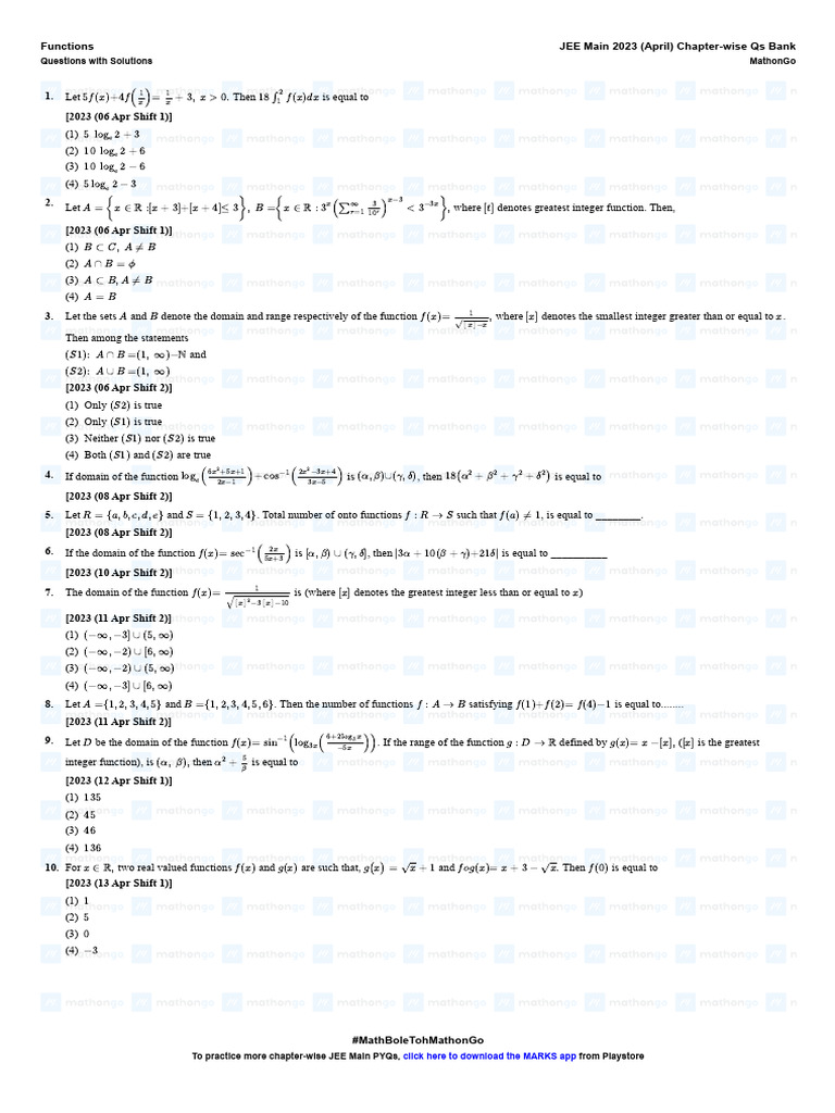 Functions - JEE Main 2023 April Chapterwise PYQ - MathonGo | PDF | Mathematics