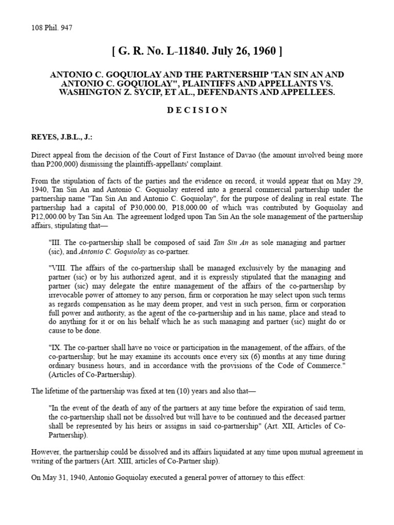 Goquiolay vs. Sycip: Partnership Dispute | PDF | Partnership | Limited ...