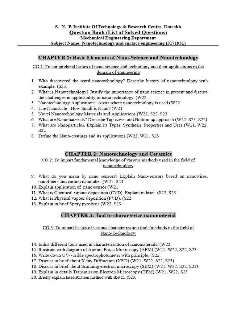 Nanotechnology Question Bank for Students | PDF | Nanotechnology ...