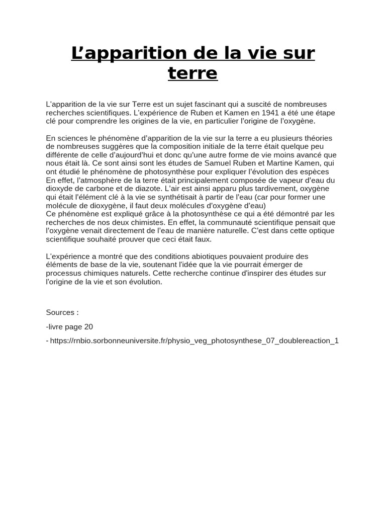 Origine de la vie sur Terre : études clés | PDF