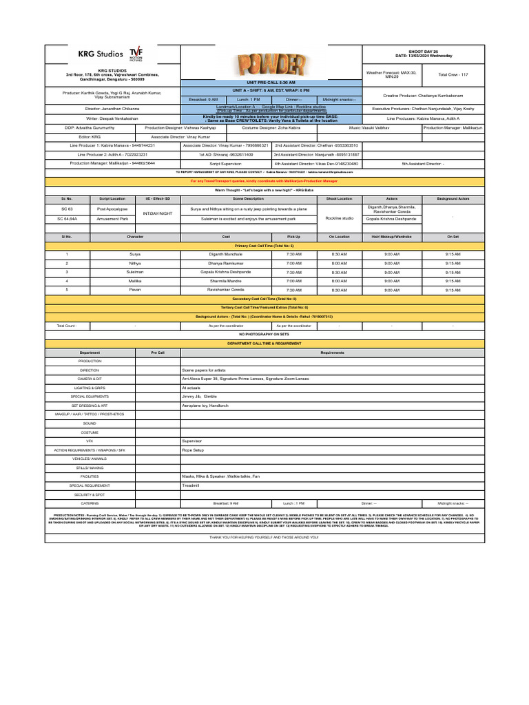 2nd Schedule Call Sheet - DAY 25 | PDF
