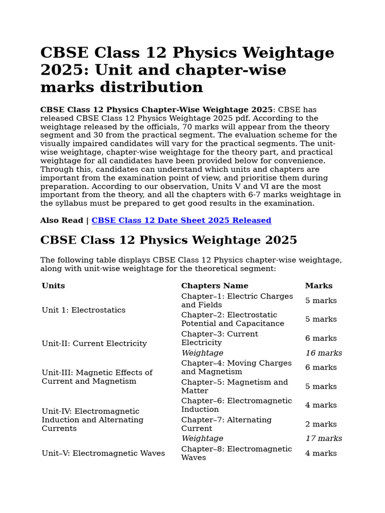 CBSE Class 12 Physics Marking Scheme 2025 | PDF | Electricity ...