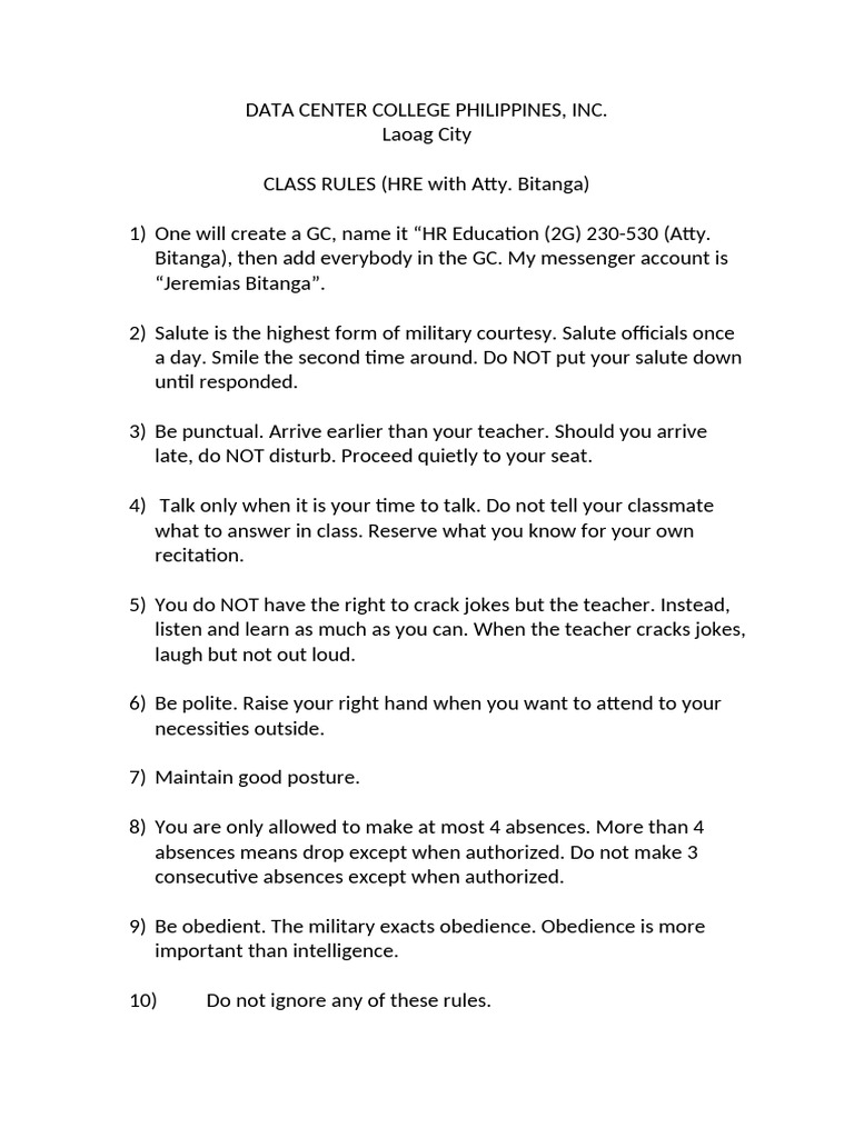 Class Rules for HR Education Course | PDF