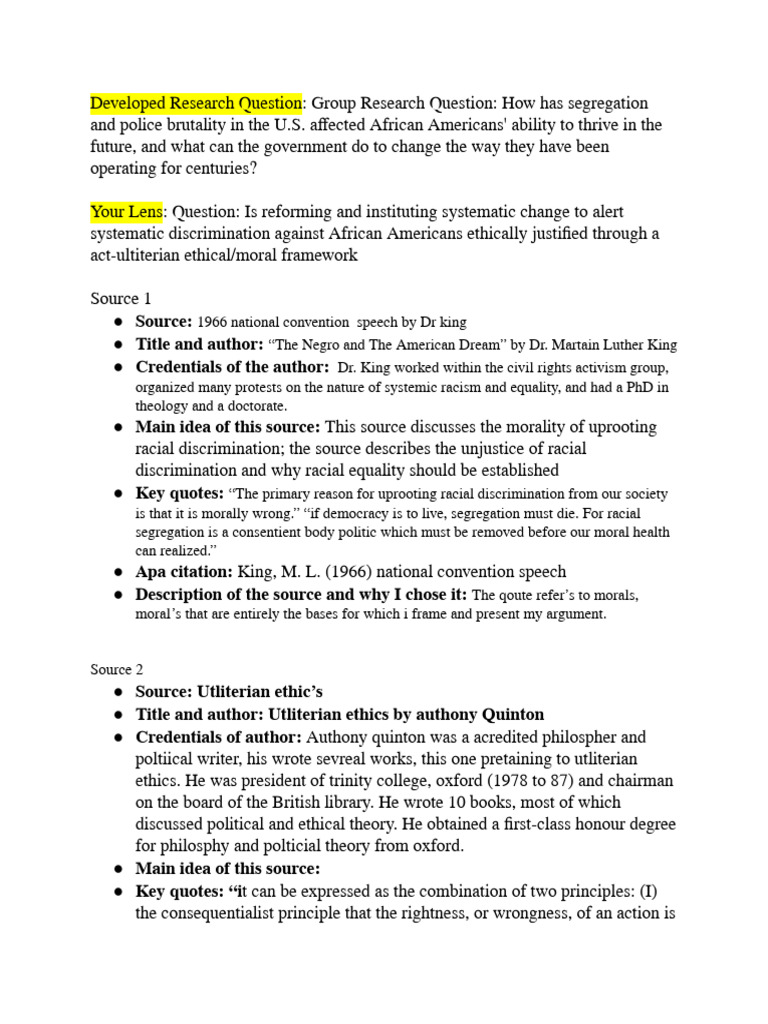 Source's and Notes For Ap Seminar Benchmark | PDF | Utilitarianism ...