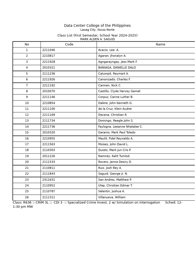 Data Center College of The Philippines: Class List (First Semester ...