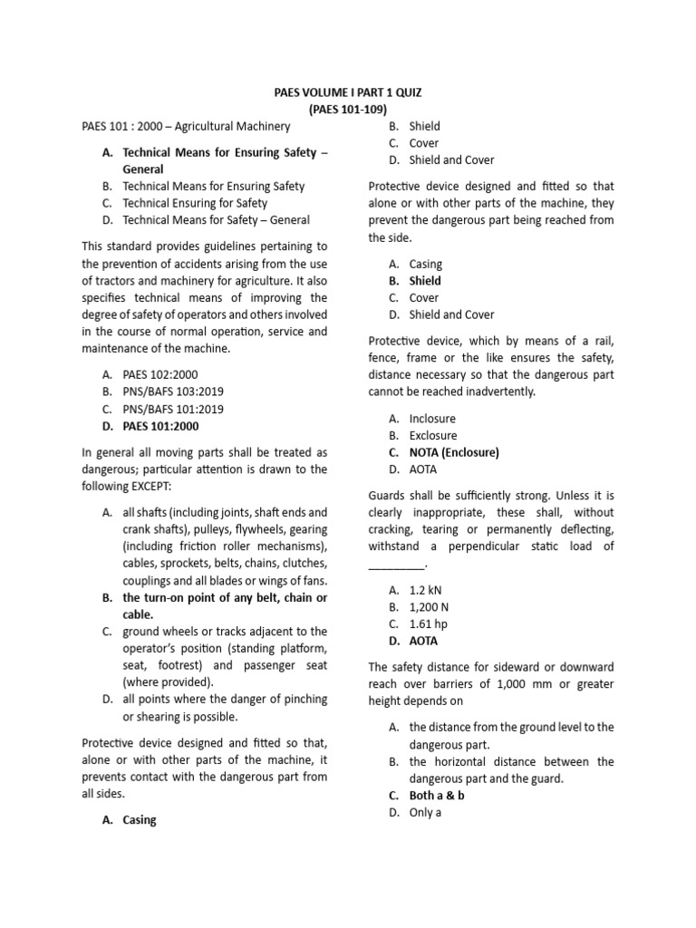 Paes Volume I Part 1 Quiz | PDF | Tractor | Tillage