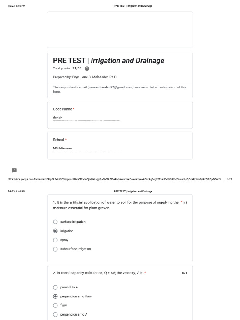 PRE TEST - Irrigation and Drainage | PDF | Irrigation | Drainage