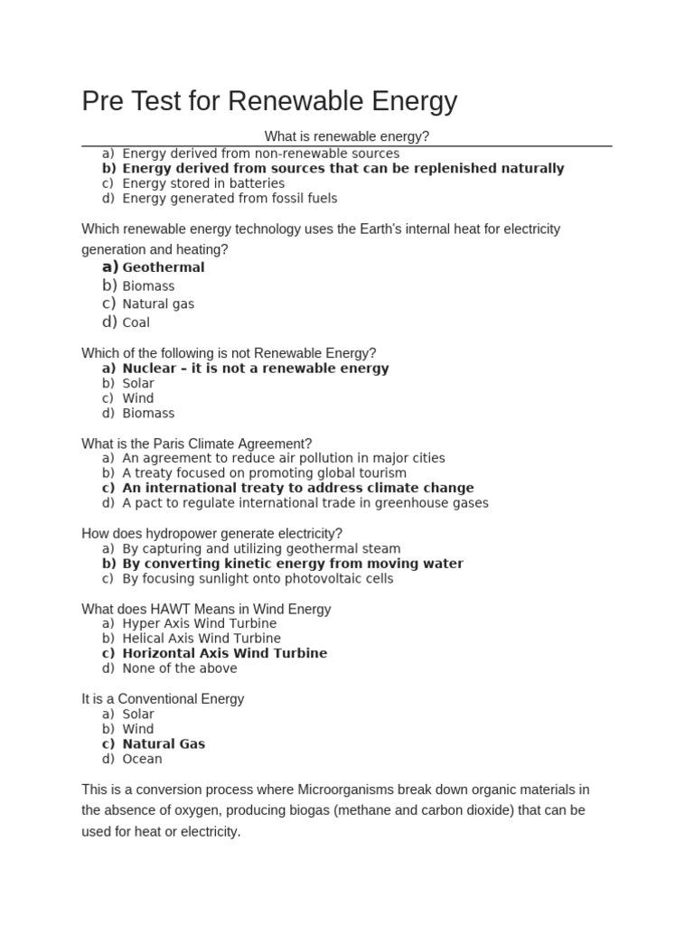 Renewable Energy Pre-Test Questions | PDF