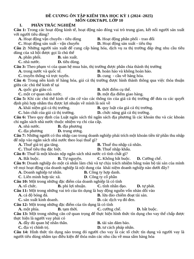CK1. ĐỀ CƯƠNG ÔN TẬPGDKT&PL 10 | PDF