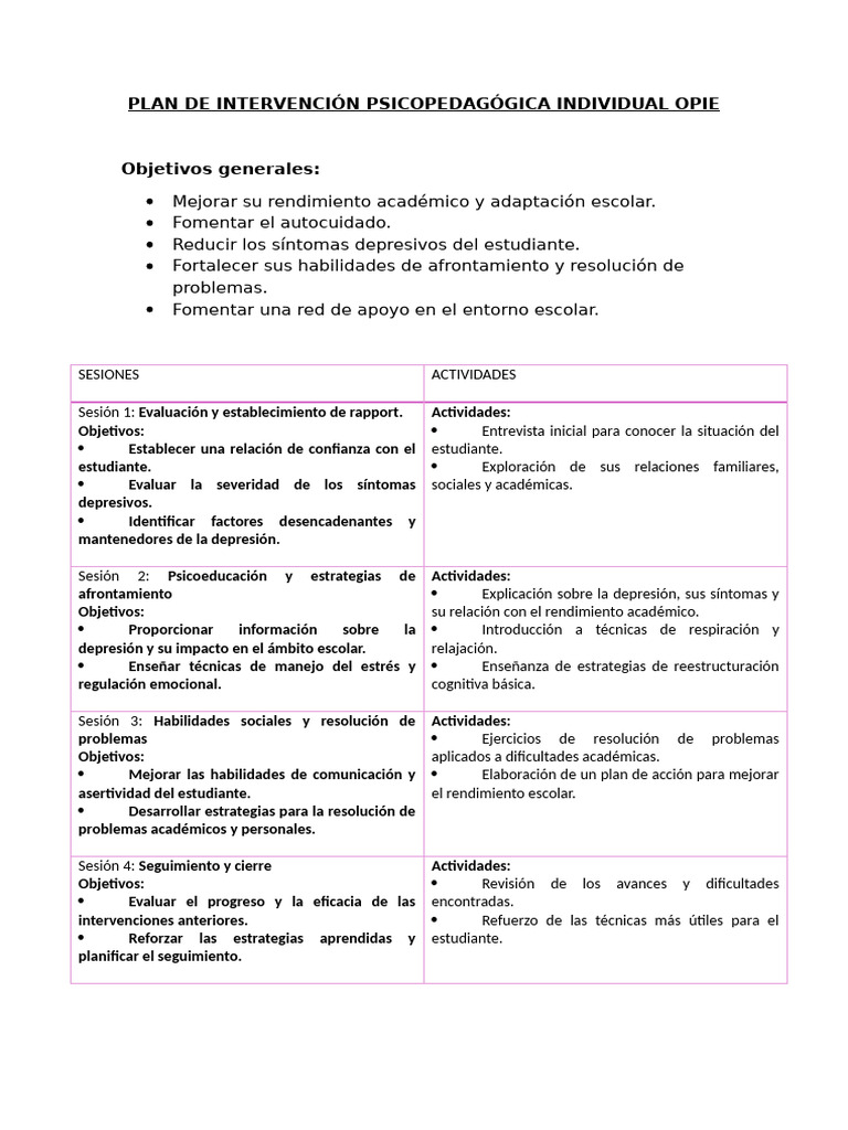 Plan de Intervención Psicopedagógica Individual Opie | PDF | Depresión (estado de ánimo ...