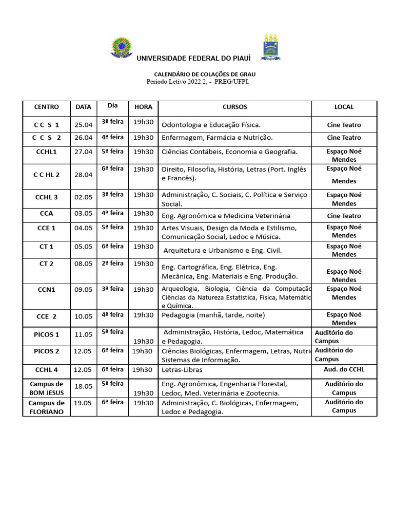 Calendário de Colações de Grau UFPI 2022.2 | PDF | Science