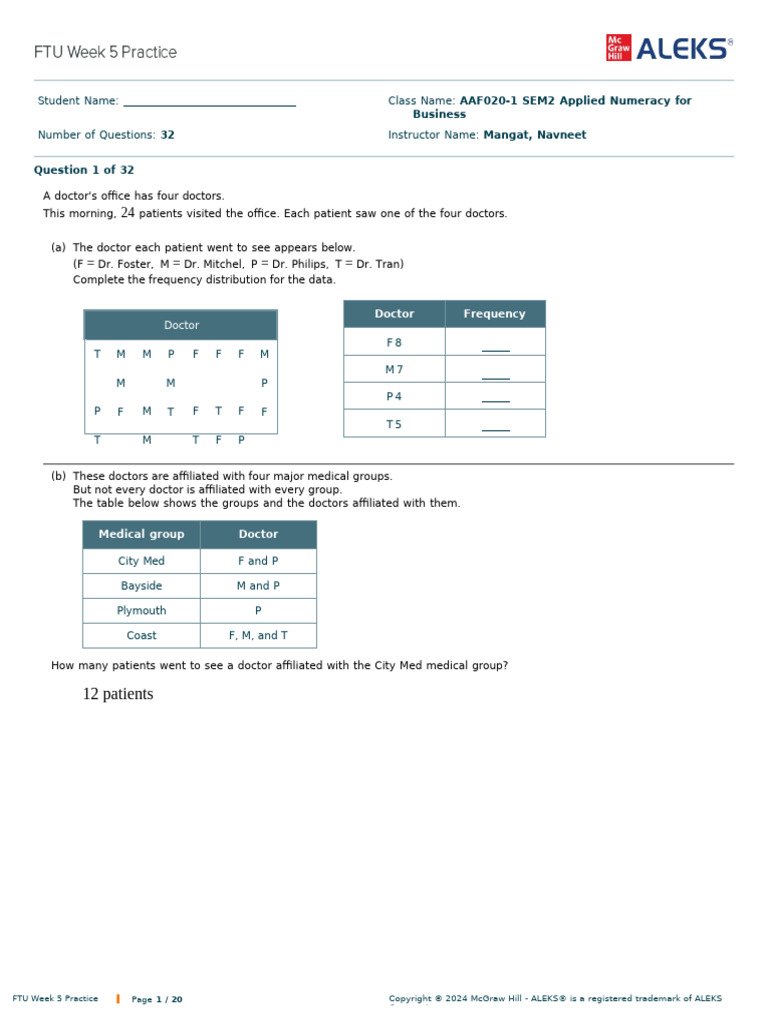 AAF020-1 Week 5 WORKSHOP Practice Questions (with answers) | PDF | Categorical Variable