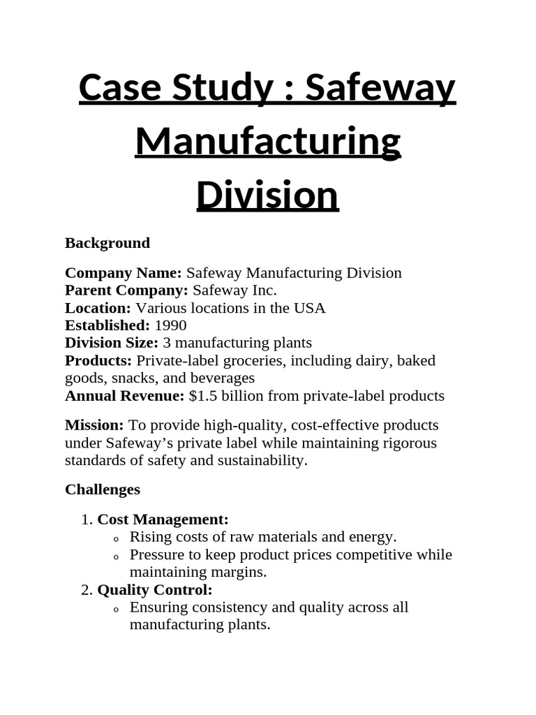 Case Study on safeway manufacturing division | PDF | Supply Chain ...