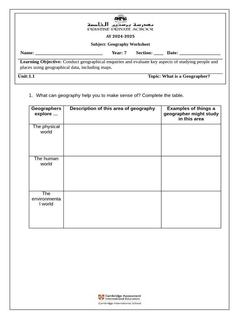Geography Worksheet for Year 7 Students | PDF
