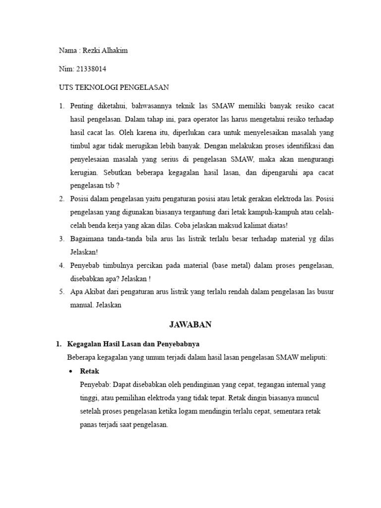 UTS Tekologi Pengelasan - Rezki Alhakim - 21338014 | PDF