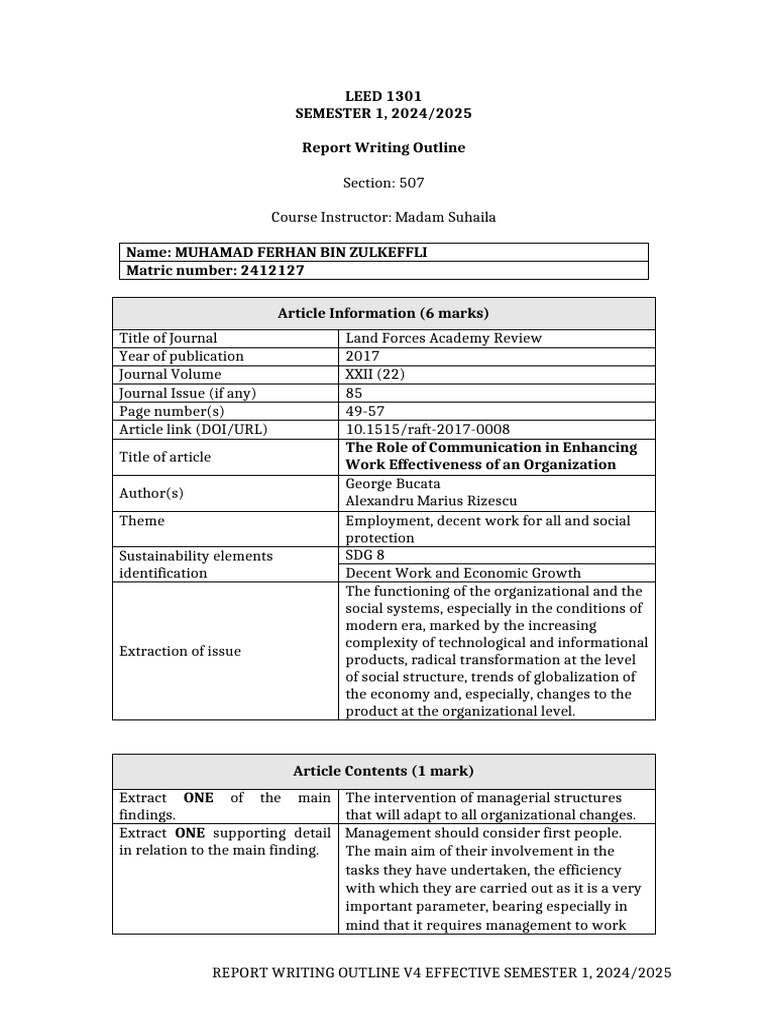Reading Report Outline Ferhan | PDF | Communication | Cognition