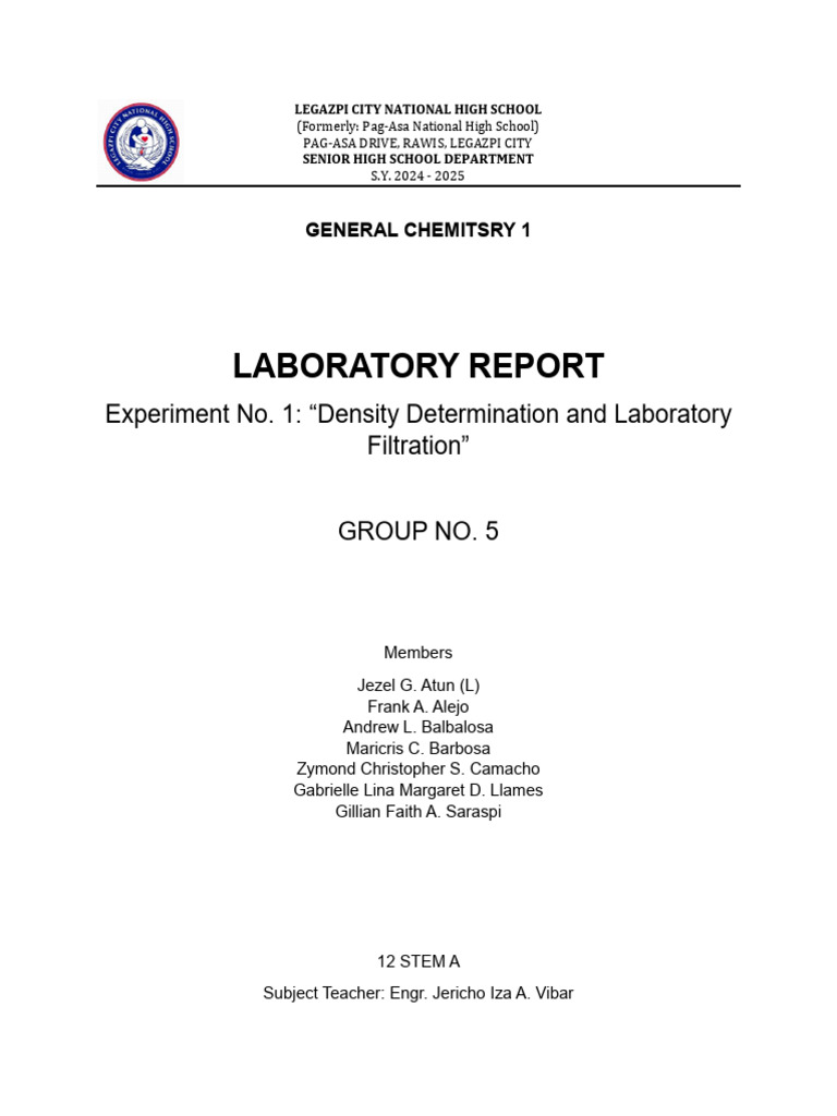 Gen Chem 1 Lab Report Exp 1. 2024 2025 | PDF | Filtration | Density