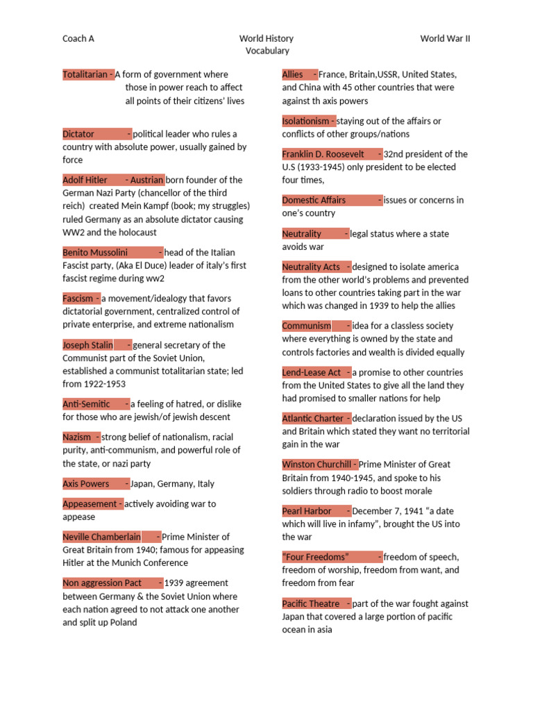 World War II Vocabulary | PDF | World War II | Nazi Germany
