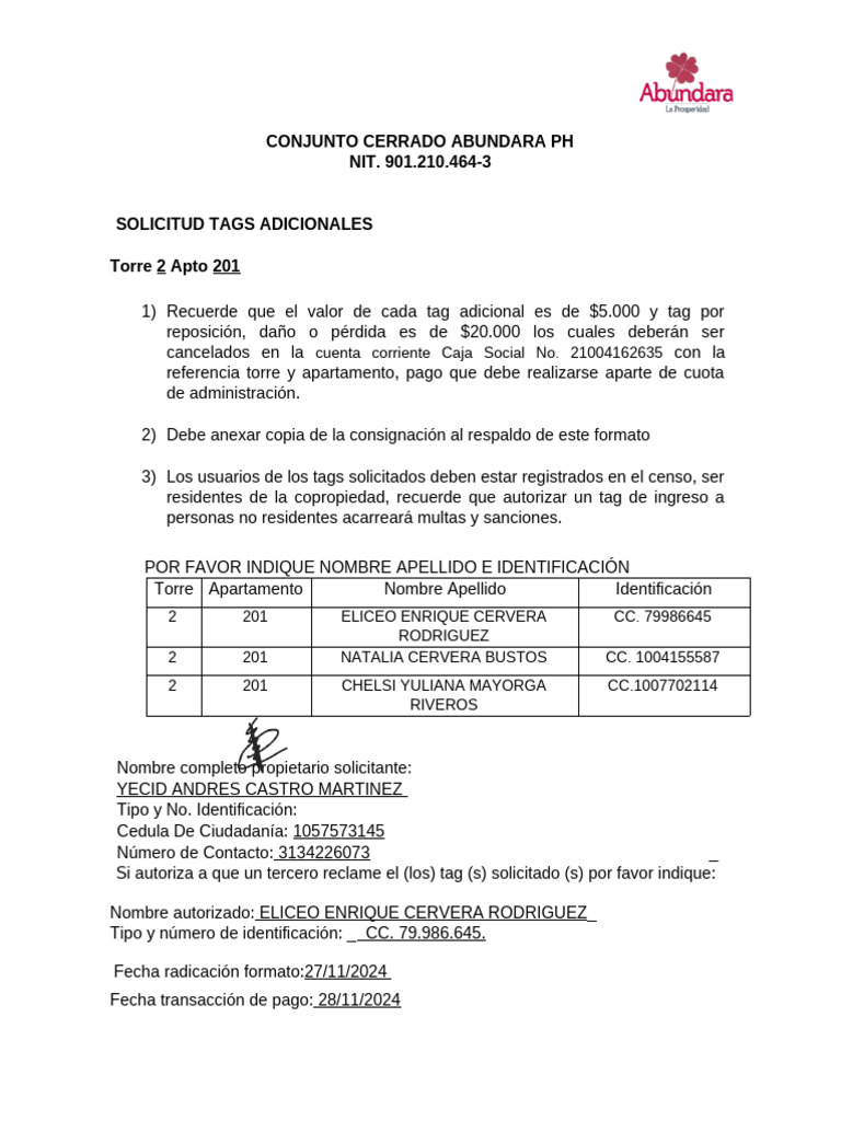 Solicitud de Tags Adicionales PH Abundara | PDF