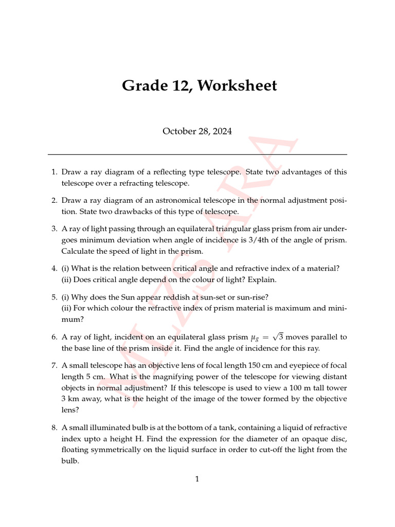 Grade - 12 - Worksheet (1) Physics | PDF | Light | Telescope