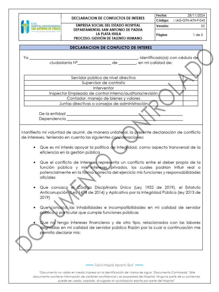 Mag-Gth-Ath-F-045 Declaracion de Conflictos de Interes | PDF | Business