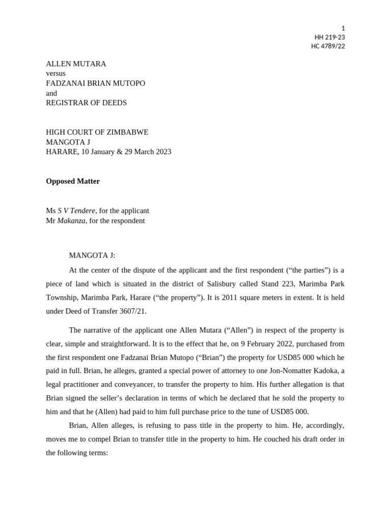 Mutara V Mutupo and Another (219 of 2013) 2023 ZWHHC 325 (29 March 2023 ...