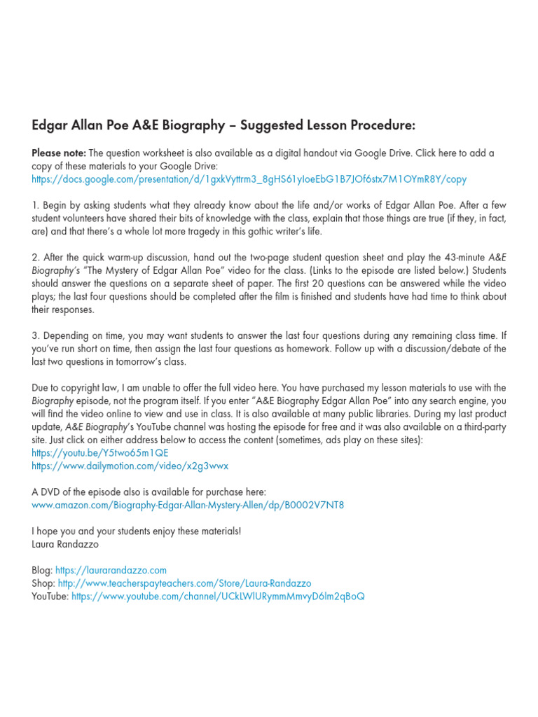 Edgar Allan Poe A&E Biography - Suggested Lesson Procedure:: Please ...