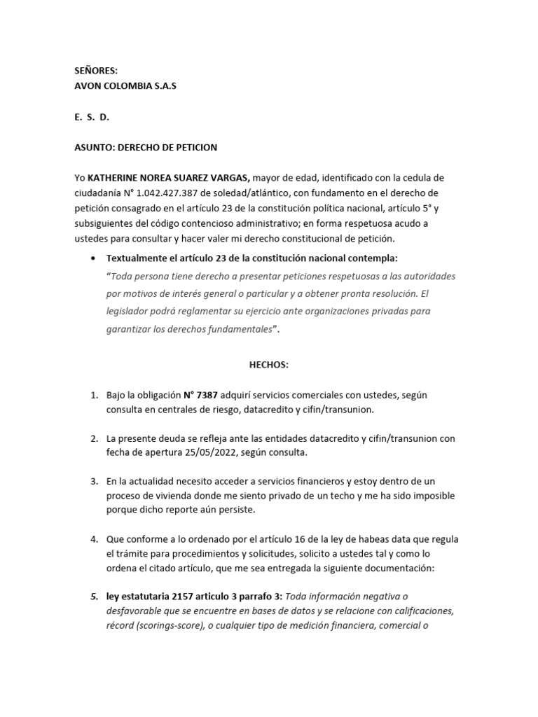 Solicitud Inicial - Katherine Norea Suarez Vargas | PDF | Petición | Constitución