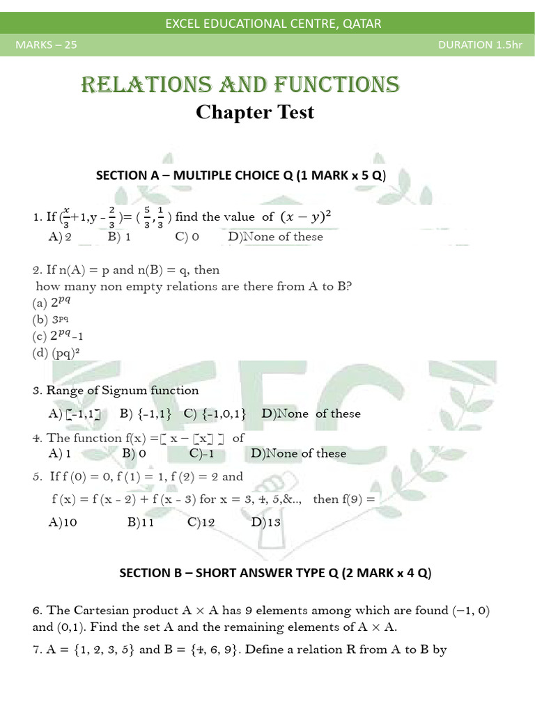 Math Relations and Functions Test | PDF
