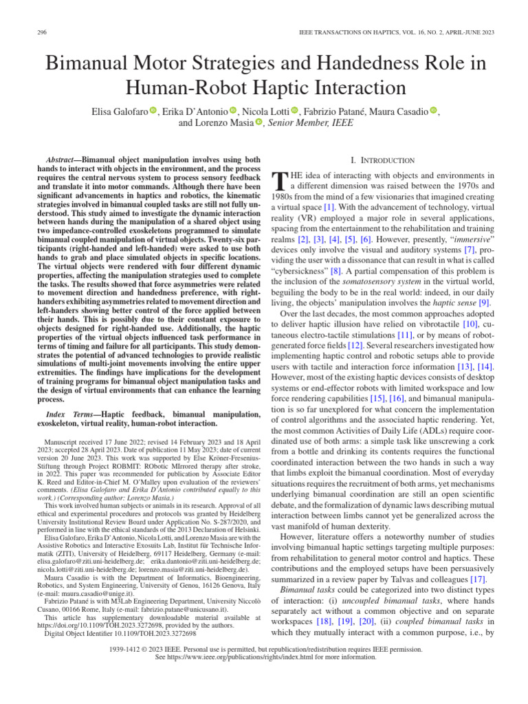Bimanual Motor Strategies and Handedness Role in Human-Robot Haptic ...