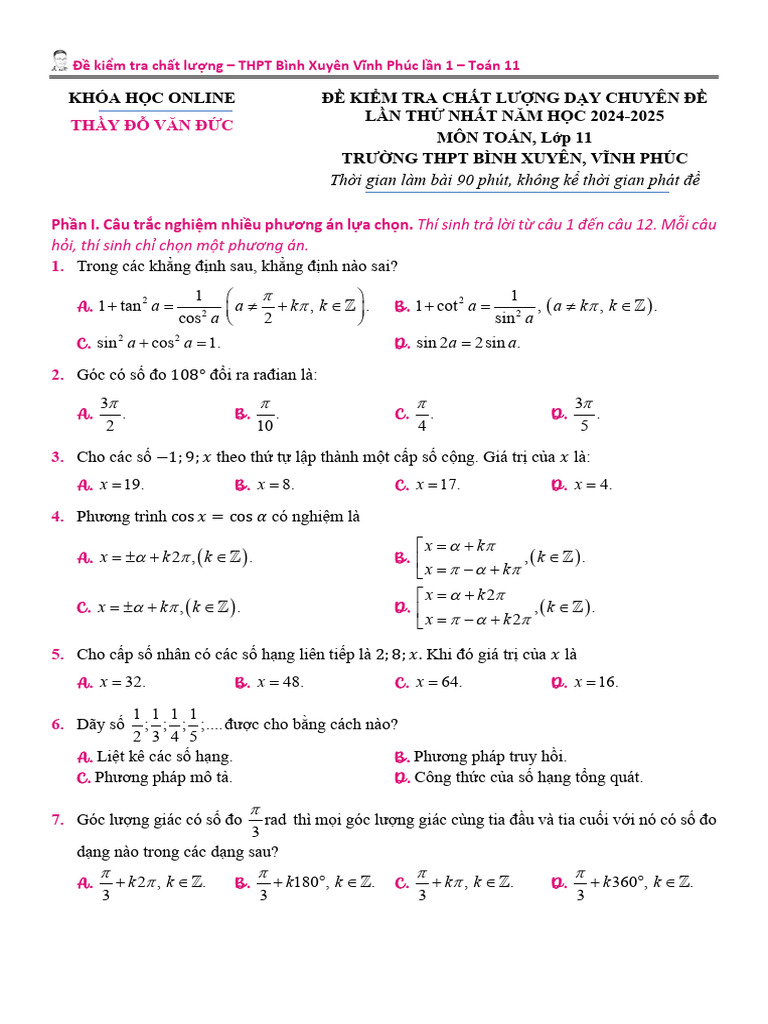 Kiểm tra KSCL dạy chuyên đề Toán 11 lần 1 - THPT Bình Xuyên Vĩnh Phúc năm 2025 | PDF
