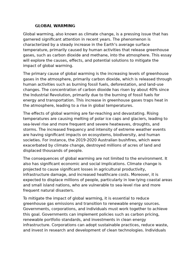 Essay- Global Warming | PDF | Climate Change | Climate Change Mitigation