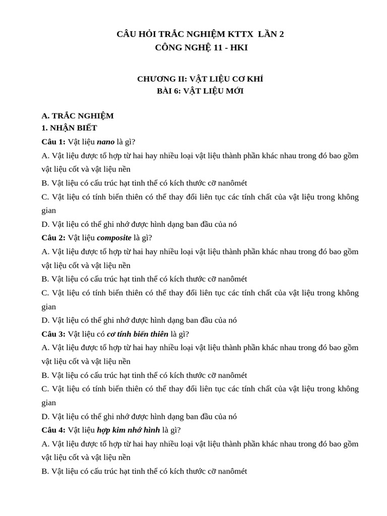 TRẮC NGHIỆM KTTX LẦN 2 - HS | PDF