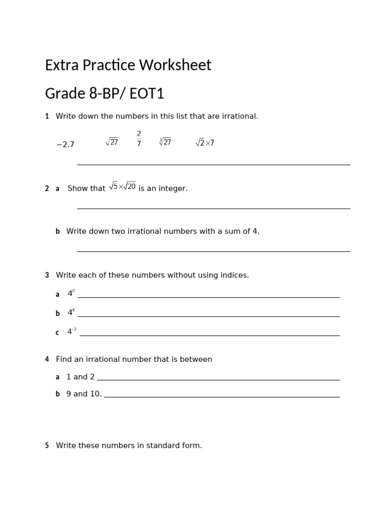 Extra Practice Worksheet - G8-BP-EOT1 | PDF | Equations | Numbers
