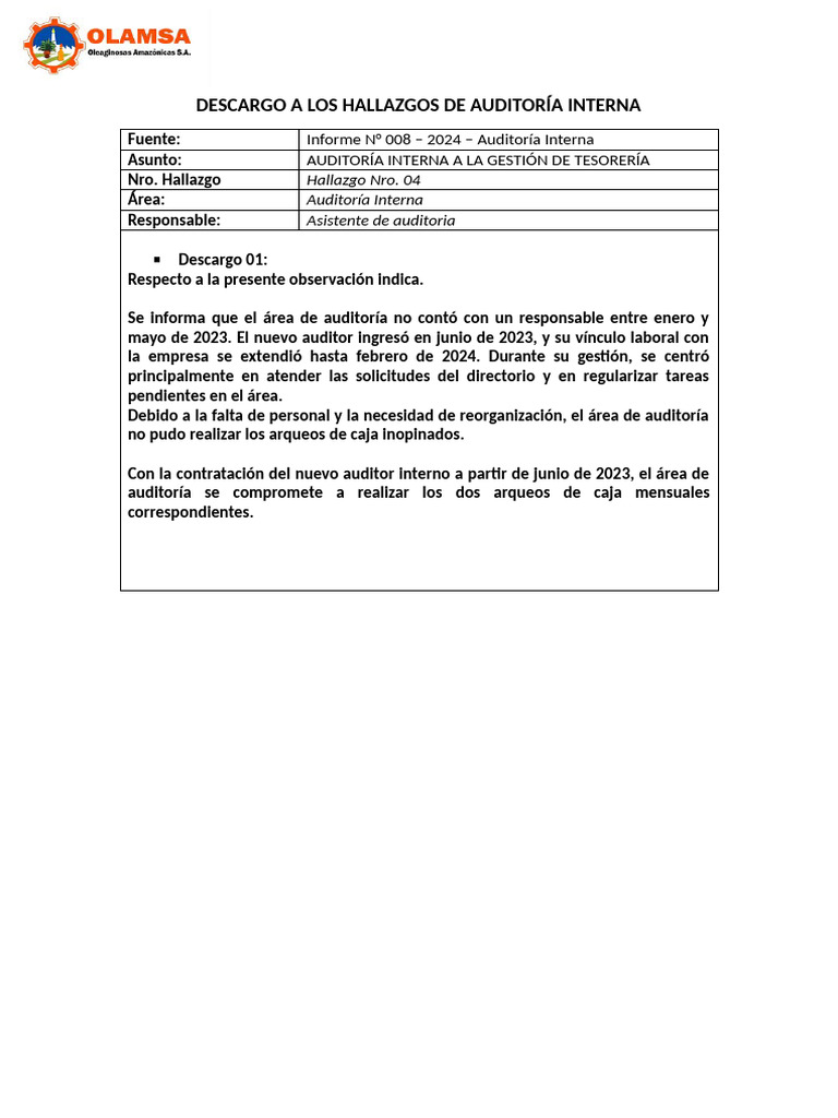 Descargo A Los Hallazgos de Auditoría Interna | PDF