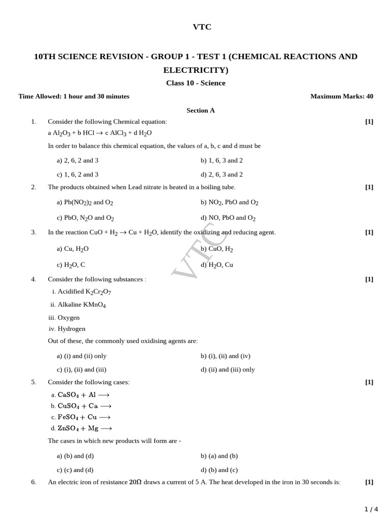 10th Science Revsion Group 1 - Test 1 (Chemical Reactions and ...